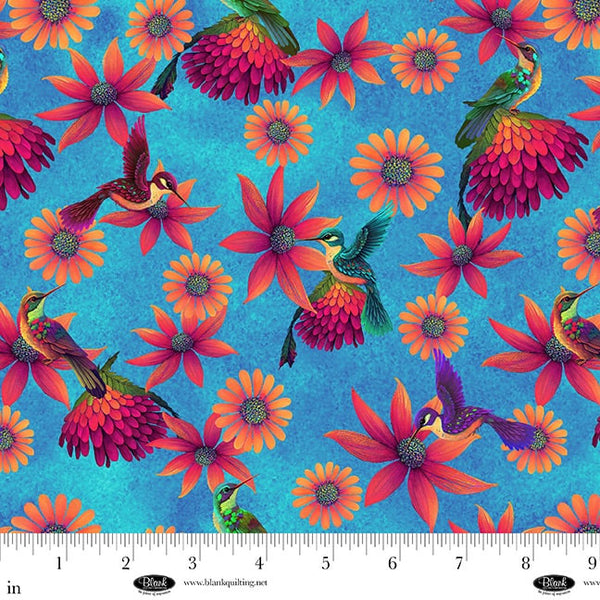 Blank Quilting Luminous Haven 4454 75 Bright Blue Hummingbirds & Flowe ...