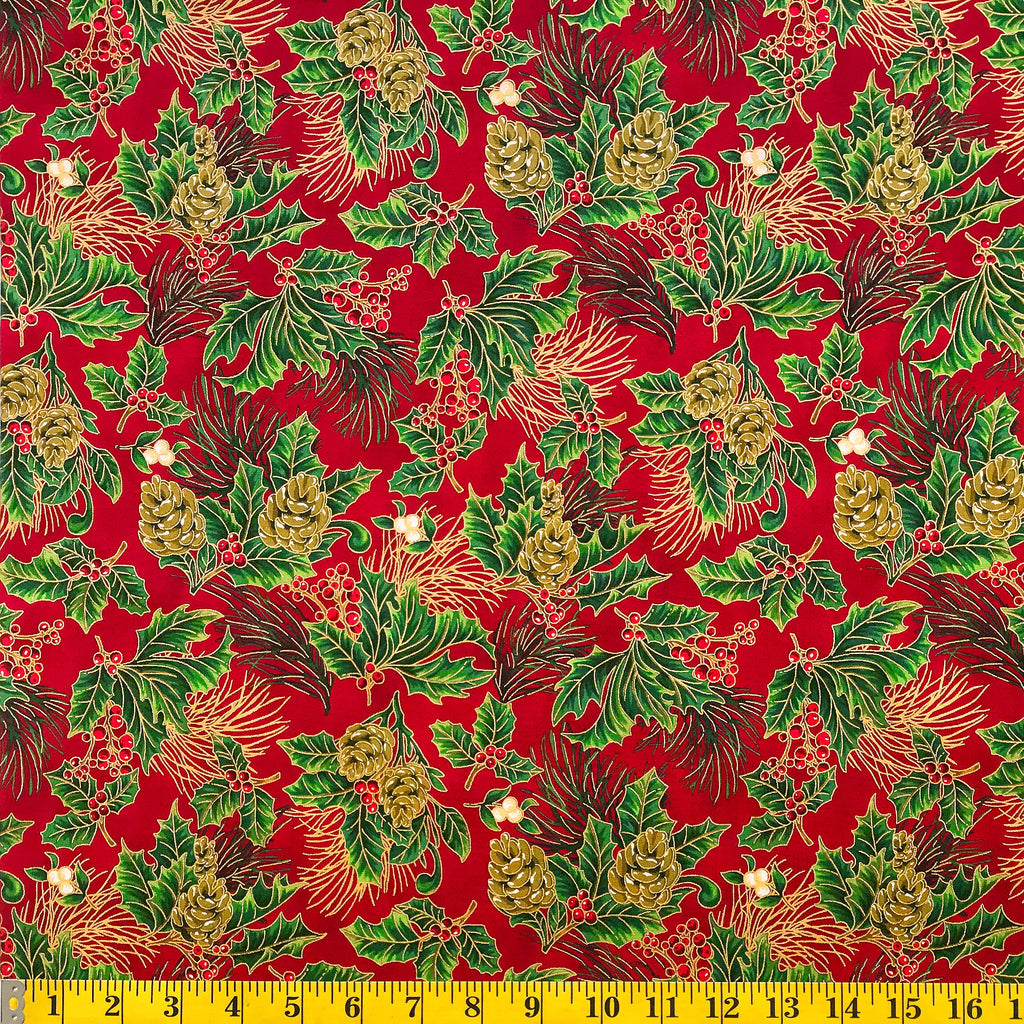 Jordan Fabrics Metallic Christmas Blossom 10002 3 Red/Gold Pine Berry