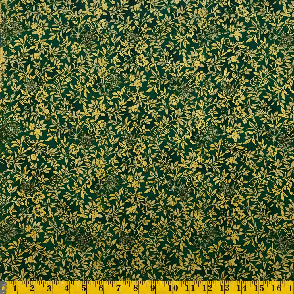 Jordan Fabrics Metallic Christmas Blossom 10006 8 Green/Gold Elegant V
